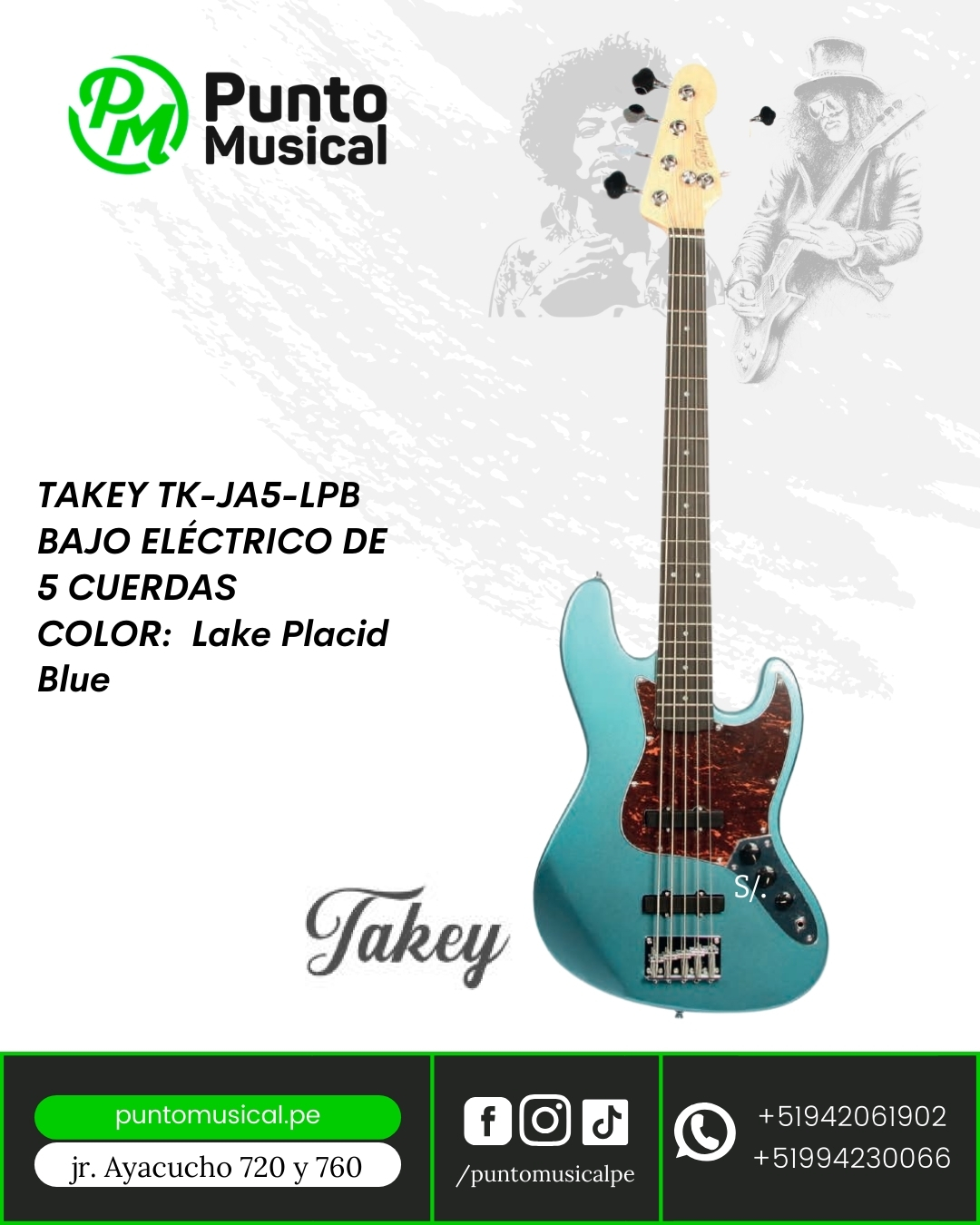 TAKEY TK-JA5-LPB BAJO ELÉCTRICO DE 5 CUERDAS COLOR: Lake Placid Blue – Punto Musical
